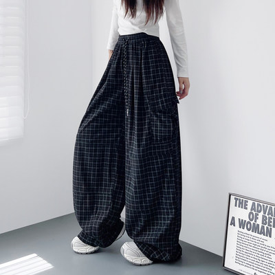 大码设计感格子工装裤女秋季新款胖mm慵懒风垂感运动显瘦阔腿裤子