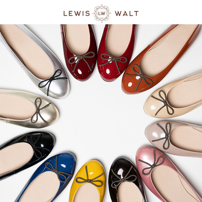 LewisWalt法式复古浅口圆头纯色牛羊漆皮蝴蝶结平底芭蕾单鞋软底