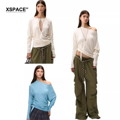 Dpercent大领口收腰两穿长袖t恤