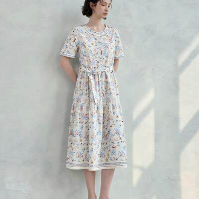 【花野漫游】茶言同款浪漫水彩印花圆领绑带连衣裙 2026春夏新款