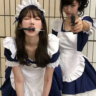 新款天使女仆装可爱软妹绀色少女cos女佣装Lolita软妹花边连衣裙