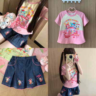 blurredbear原创可爱mp复刻女儿服日系卡通印花+牛仔刺绣半身裙女