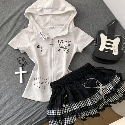 原创日系可爱辣妹修身亚文化夏季T恤女百搭猫耳朵连帽短袖外套女