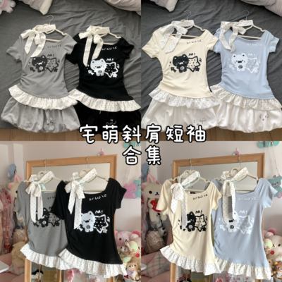 Blurred bear原创日系宅萌感宅系夏季小猫波点斜肩收腰印花短袖