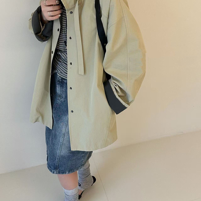 Hand made-韩系休闲撞色随性立领风衣(配可拆领带)9.NIAN-N68107