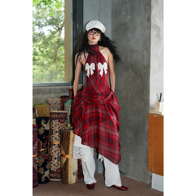 坏品味西部 复古格纹蝴蝶结挂脖系带露背短连衣裙