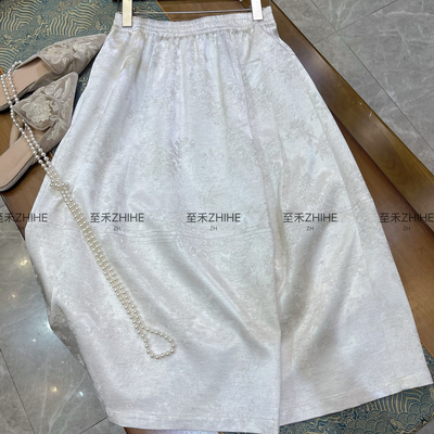 七七设计简大牌老钱新中式人丝亚麻提花松紧半裙半身裙YS2-t306