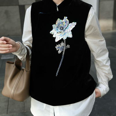 七七设计极简大牌老钱真丝丝绒蓝莲花手工钉珠刺绣马甲YS3-t109