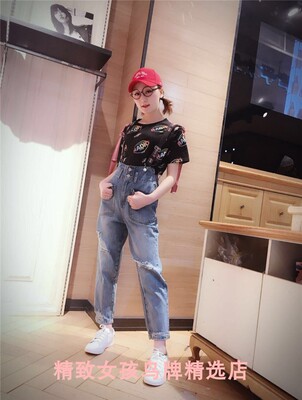 鸟A4HA8210355女装2022春新装背带破洞牛仔裤直筒裤A4HA82103