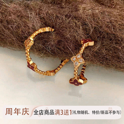 新年耳环复古珐琅红色四叶草耳圈