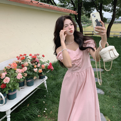 【档口现货】2024新款夏装粉色一字肩连衣裙266-p125-178