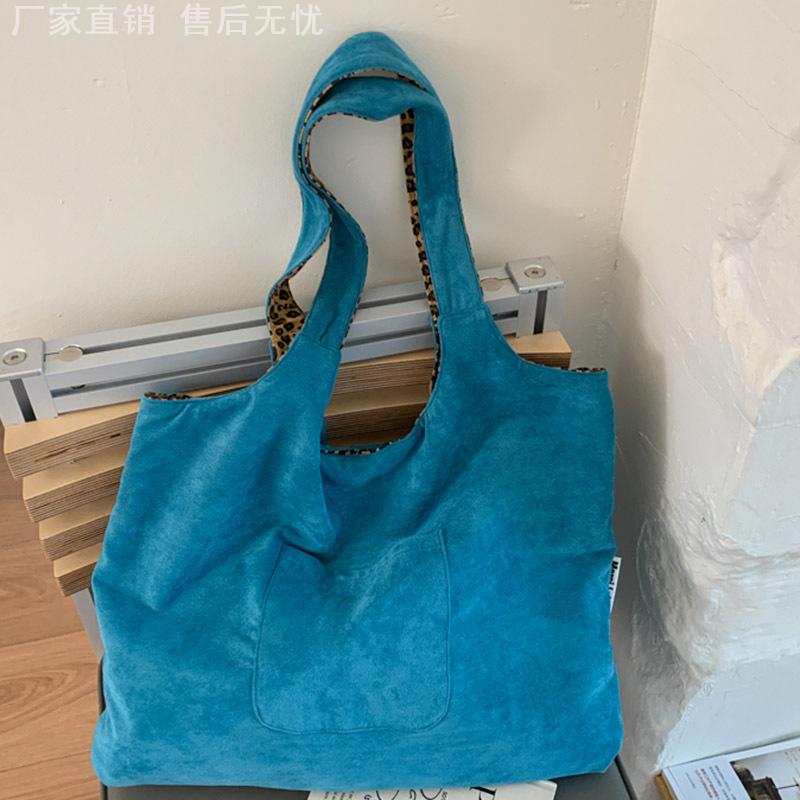 蓝双面背慵懒麂皮单肩包豹纹大容量通勤帆布托特包帆布包韩系ins