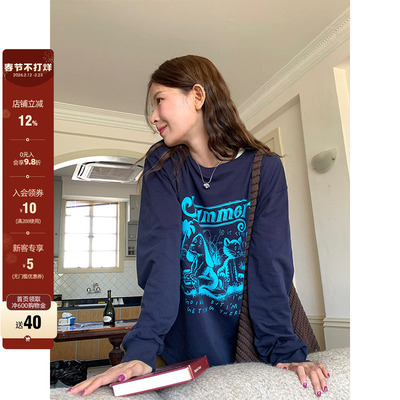 CCKOK美式复古图案印花长袖T恤