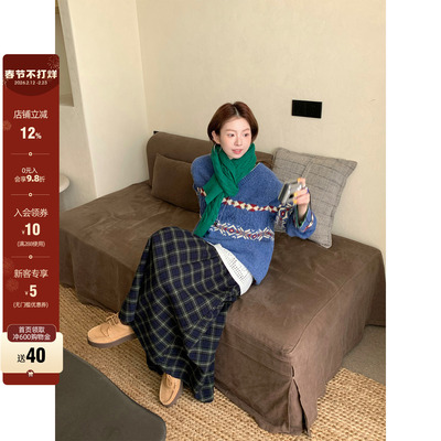 CCKOK  冬季新品韩系穿搭气质通勤  百搭磨毛墨绿格纹半身长裙女