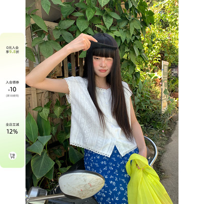 CCKOK白色精致提花钩花短袖上衣