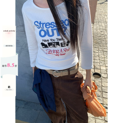 【现货】CCKOK韩系通勤穿搭休闲风百搭字母印花华夫格七分袖T恤女