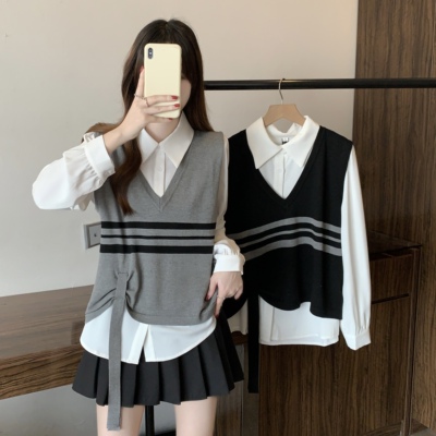 大码女装2026秋季时尚撞色飘带V领马甲宽松衬衫两件套69420+62158