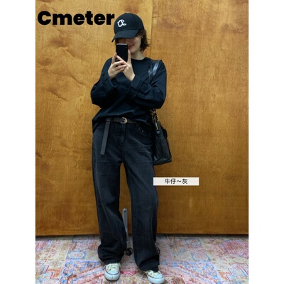 Cmeter经典小直筒碳灰加绒牛仔裤长裤