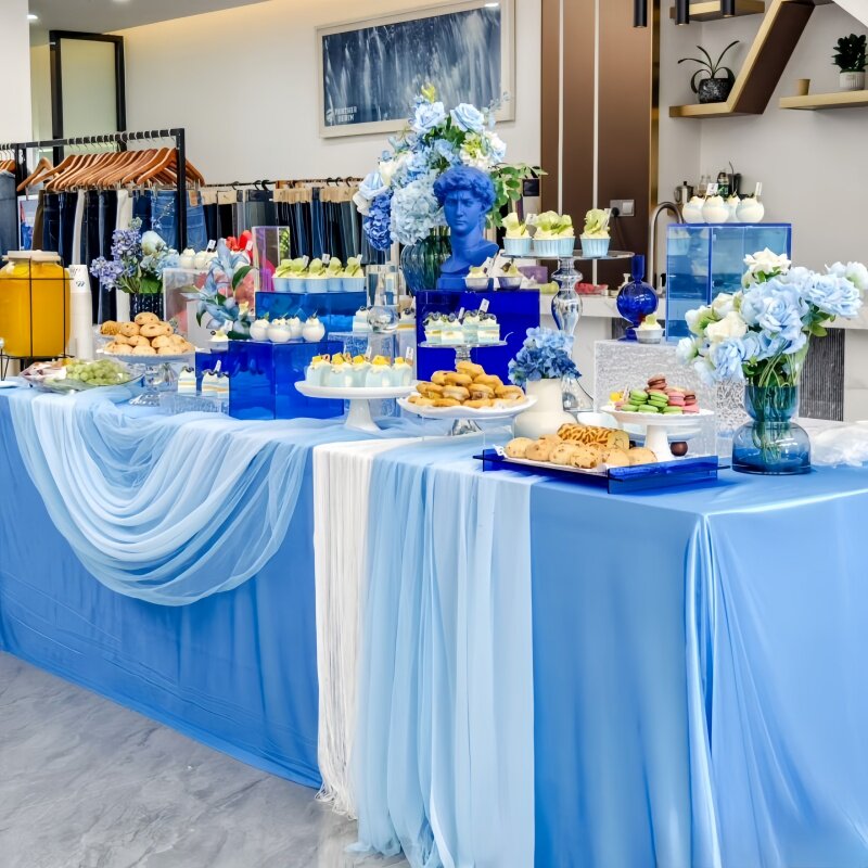 中式风甜品台蓝色渐变桌布结婚庆浪漫布置生日派对婚礼布艺用品