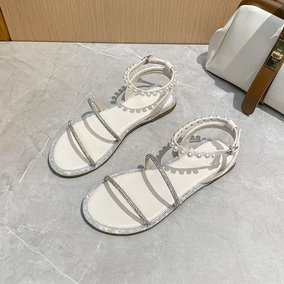 大码凉鞋女2022夏季新款平底一字带珍珠水钻仙女风软底外穿配裙子