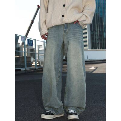 it neith BIAS潮牌水洗做旧直筒宽松牛仔裤男高街美式覆古休闲裤