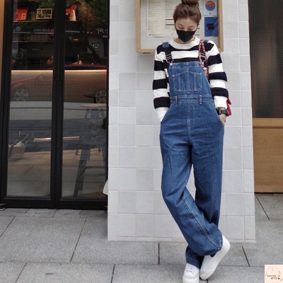 自然腰背带裤适中蓝色牛仔棉料