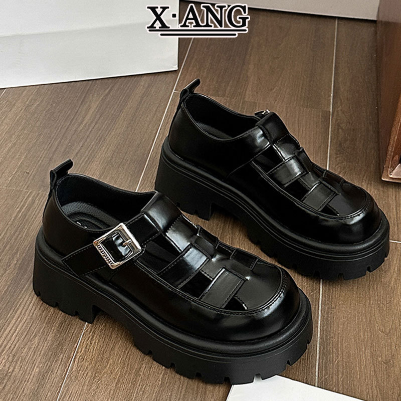 牛皮版手工编织包头凉鞋女款夏季镂空猪笼鞋松糕厚底小个子罗马鞋