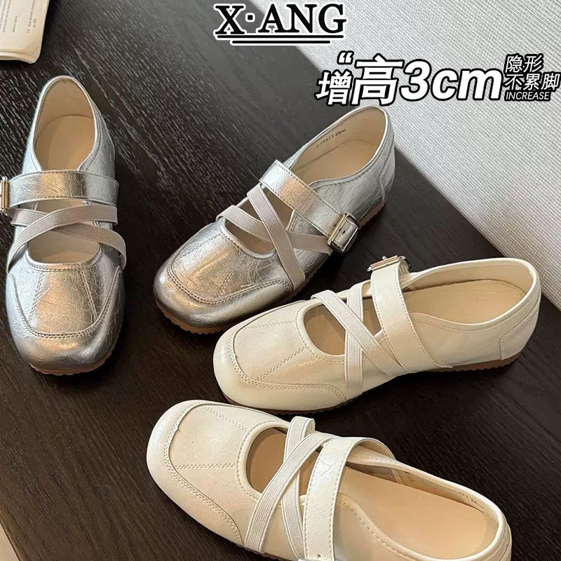现货~牛皮版方头时尚芭蕾鞋内增高银色玛丽珍鞋子女鞋软底单鞋子