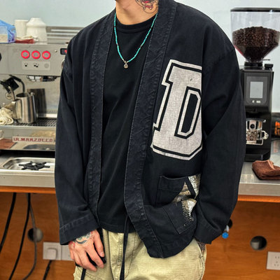 重度水洗做旧龟裂印花复古道袍