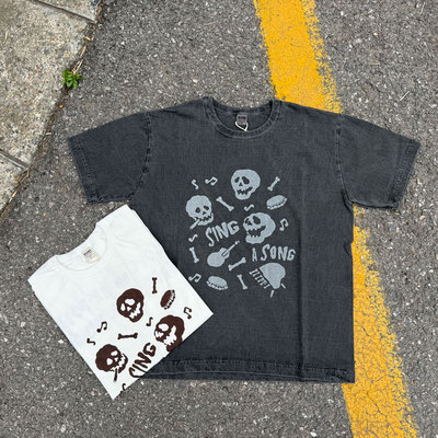 BARNS 日产老式梭织机制重磅水洗做旧复古骷髅双面印花桶织T恤