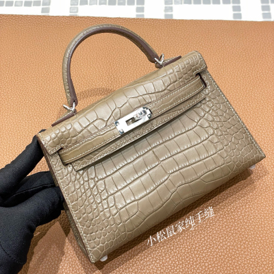纯原凯莉迷你二代KL19雾面hcp美洲鳄鱼皮M1大象灰银扣mk2手提女包