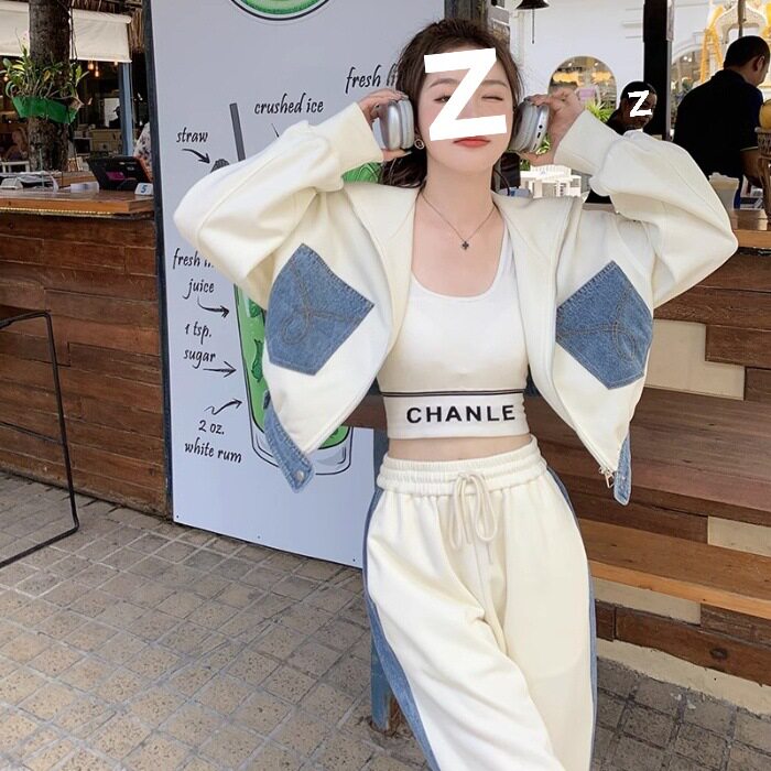 白色牛仔拼接休闲运动套装女