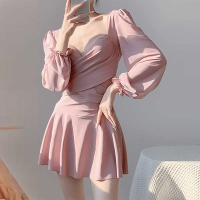 2026新款甜美纯欲风带钢托聚拢显瘦长袖裙式连体泳衣泳装女