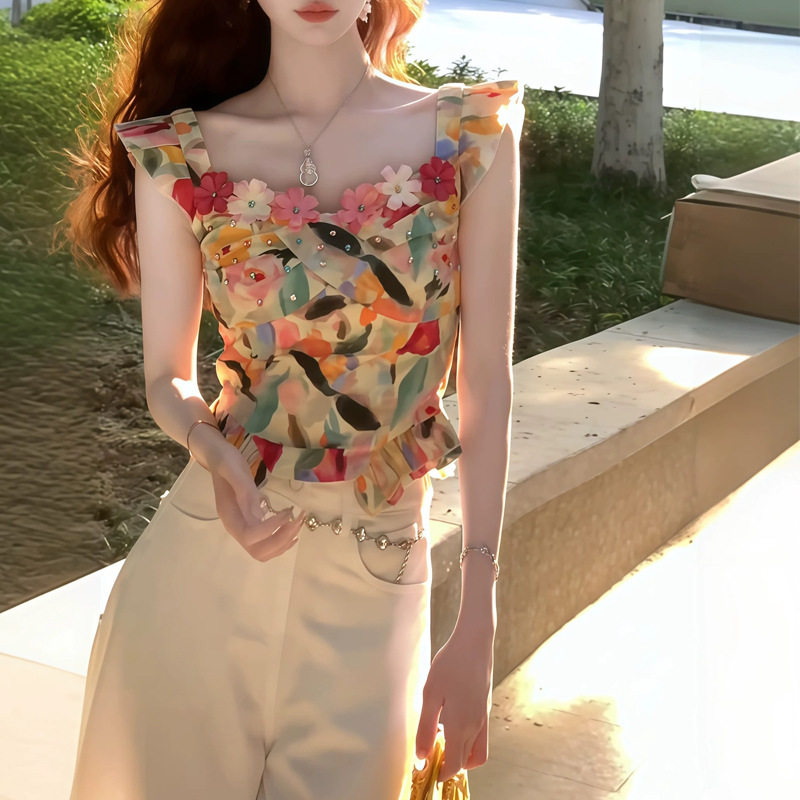 花野迷踪油画重工钉钻花朵上衣吊带女2025夏季新款韩系打底衫背心