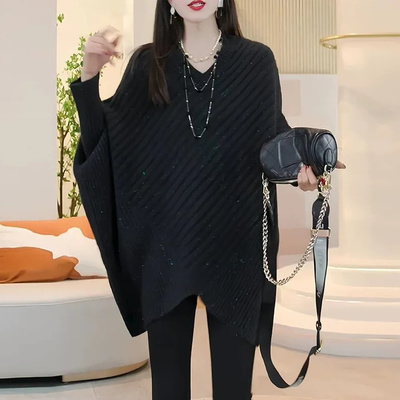 不规则拼接V领针织毛衣衫