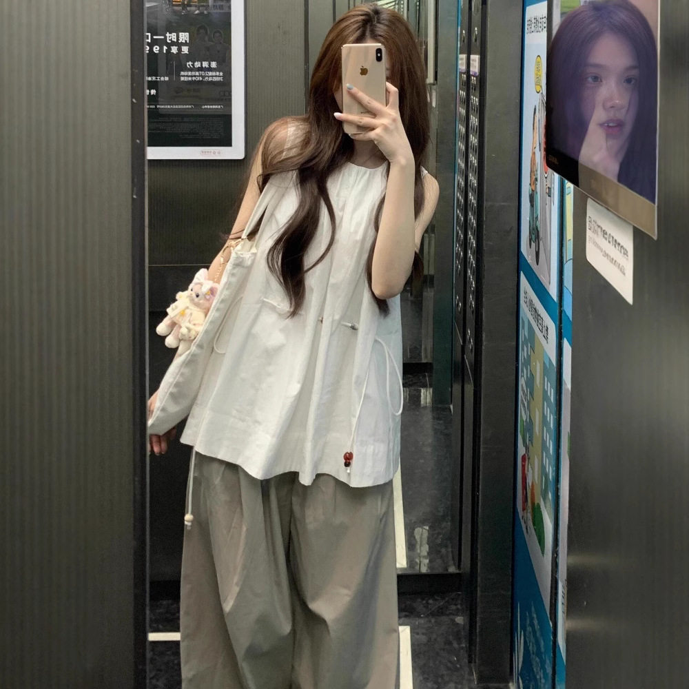 设计感小众休闲运动套装女夏季无袖抽绳上衣薄款工装阔腿裤两件套