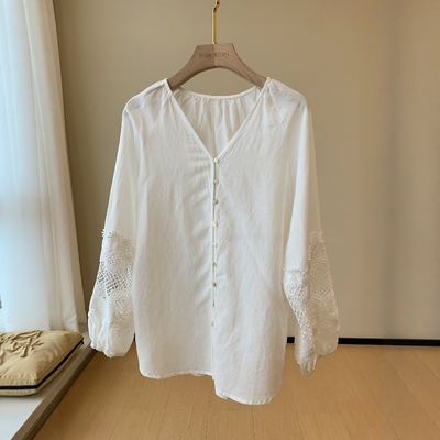 法式温柔风~天丝亚麻轻薄透气V领镂空上衣宽松蕾丝衬衫女26春夏