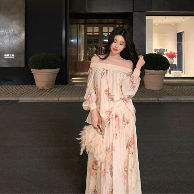 一字肩碎花上衣长裙度假两件套