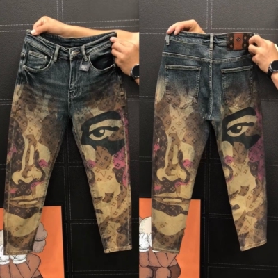 欧货男士新款印花小直脚牛仔裤