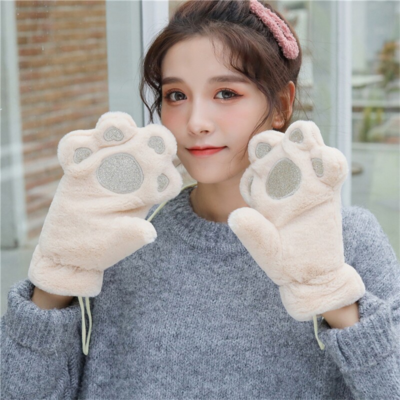 日系可爱卡通熊爪毛绒手套女冬季保暖加绒加厚户外骑行滑雪情侣潮