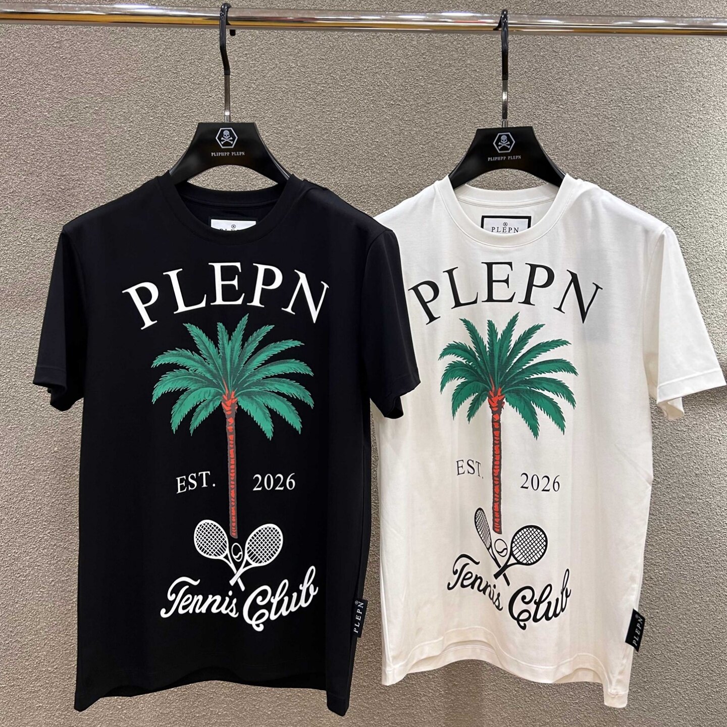 PLEPN渐变棕榈树网球俱乐部印花短袖T恤男士夏季潮牌圆领半袖上衣