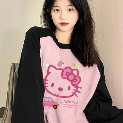 拼接插肩长袖t恤女秋季新款设计感小众甜美减龄Hello Kitty猫上衣