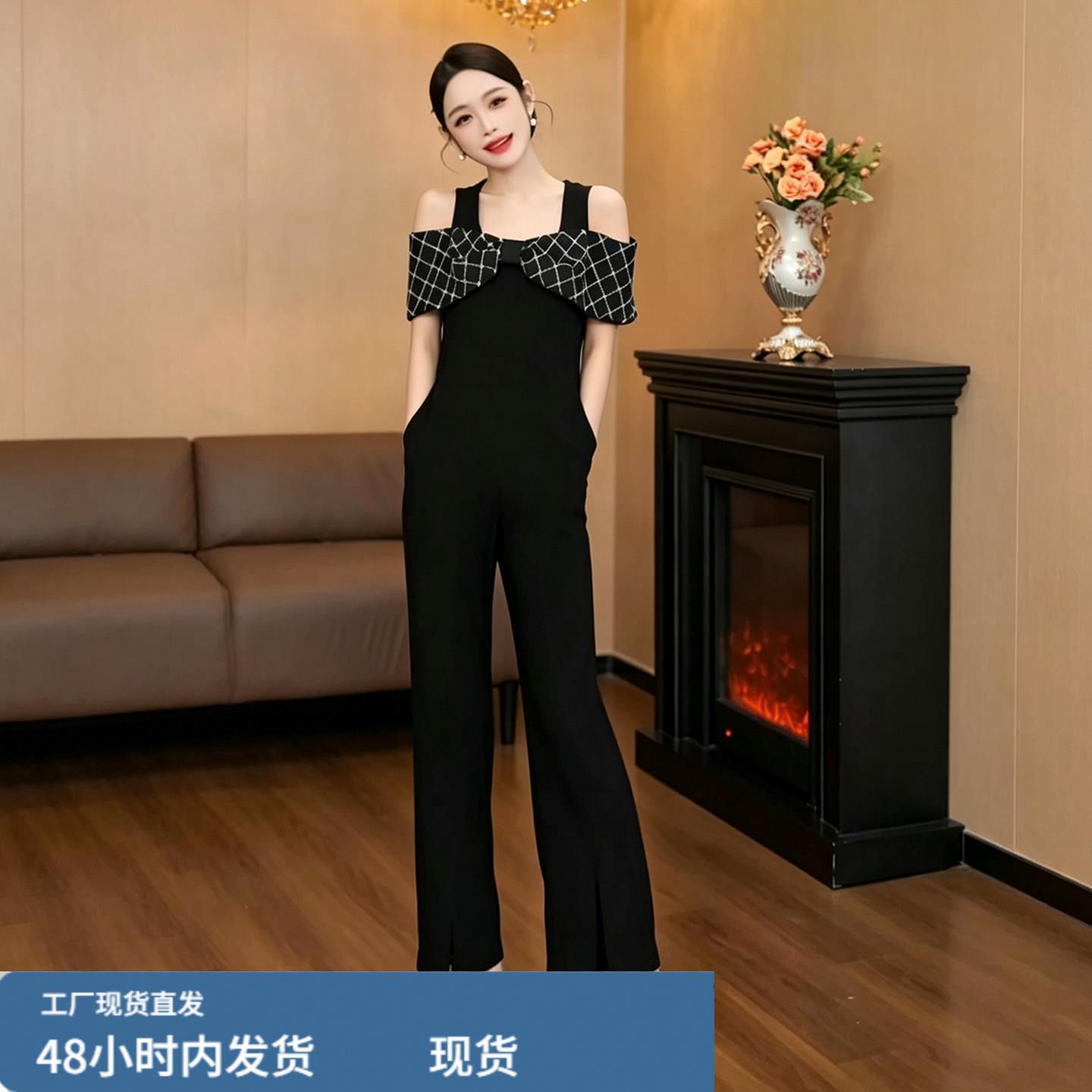 高级感露肩格子拼接连体裤女2026夏新款气质一体连身衣阔腿裤套装