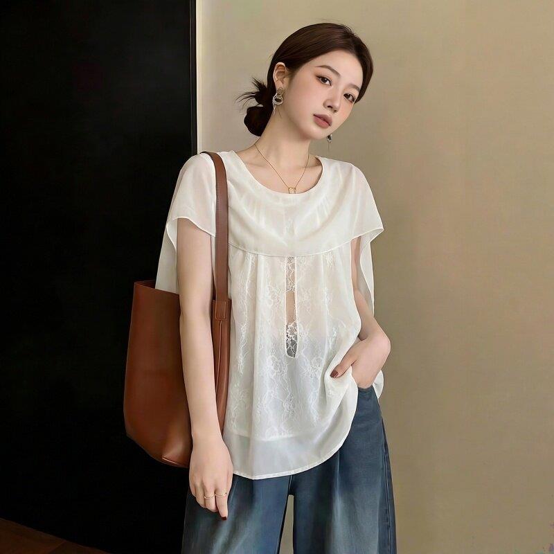 白色斗篷披肩无袖蕾丝雪纺衫女2026新款夏季大码胖mm气质超仙上衣