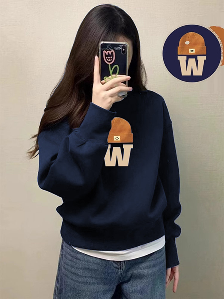 设计感藏青色圆领正肩卫衣女2025秋季穿搭小个子时尚洋气别致上衣