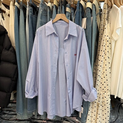 高级感刺绣格子衬衫女26韩版宽松慵懒风显瘦通勤长袖休闲衬衣7931