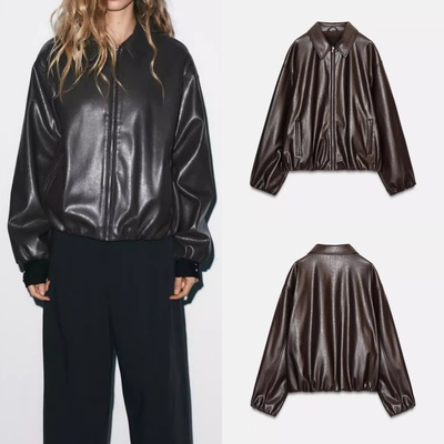 柜429！2025冬季新品 TRF 女装 皮革效果弹力夹克外套5854736 524