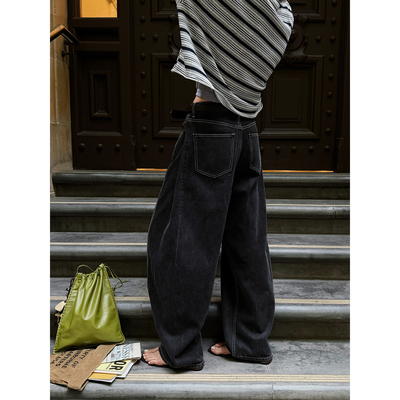 MOERSHOP  “弯刀再升级”深灰炒盐立体复古宽松阔腿弯刀牛仔裤