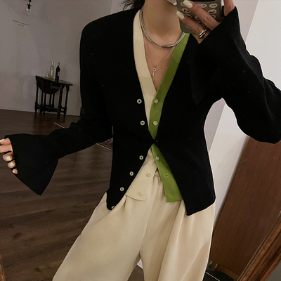 深V拼色针织开衫针织开衫