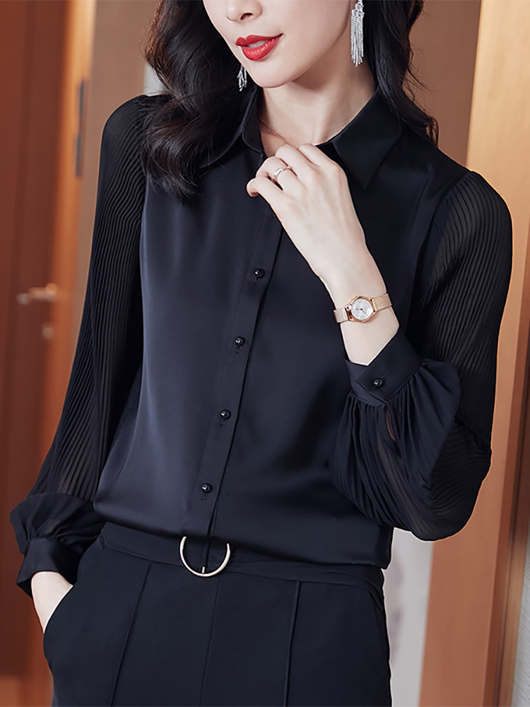 黑色经典长袖女式衬衫2025春季和秋季新款可访问豪华缎面衬衫优雅